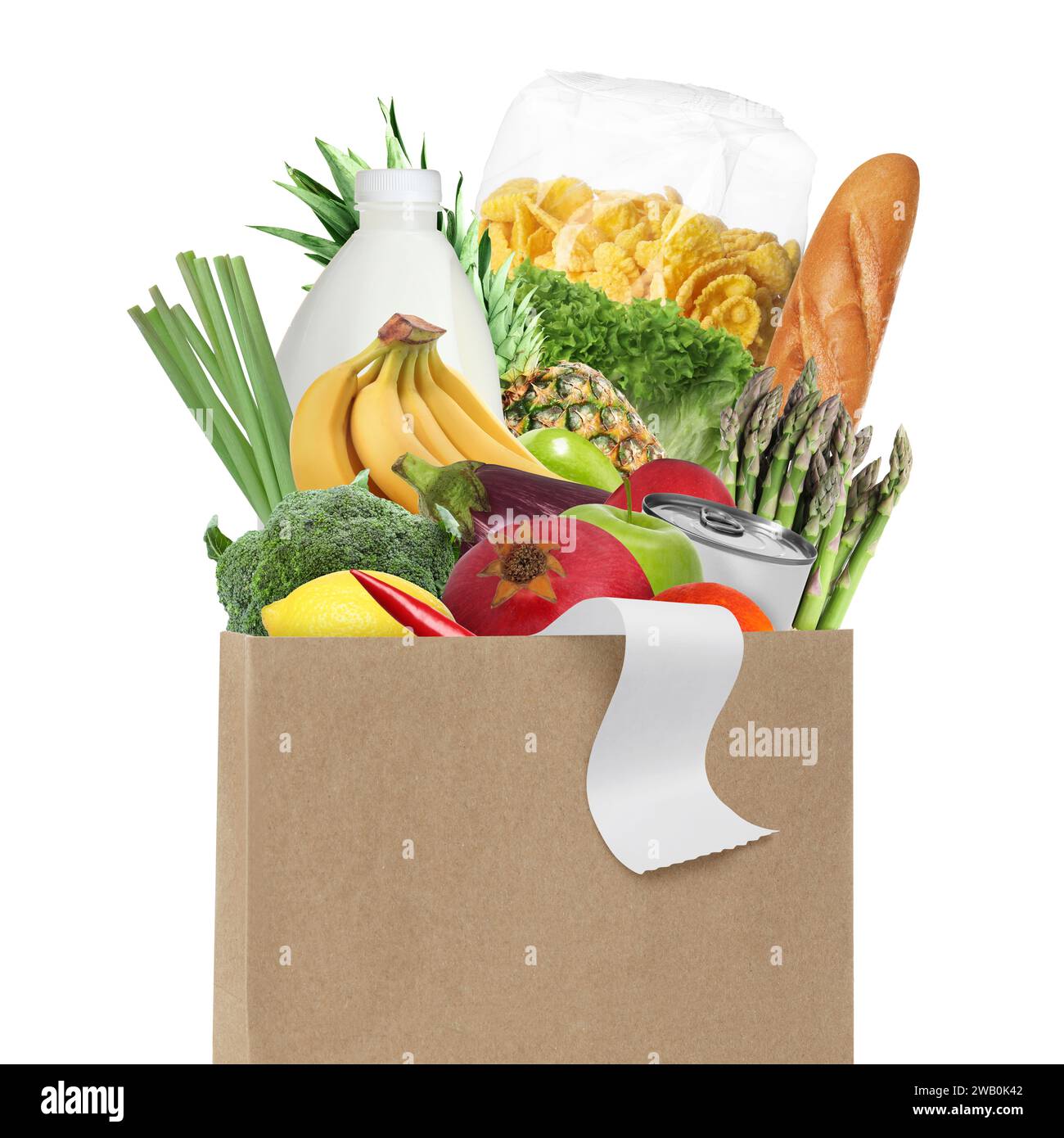 Paper bag with different products and receipt isolated on white Stock ...