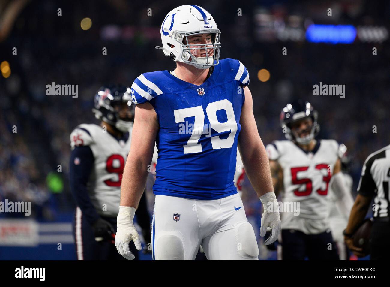 Indianapolis Colts tackle Bernhard Raimann (79) walks back to the ...