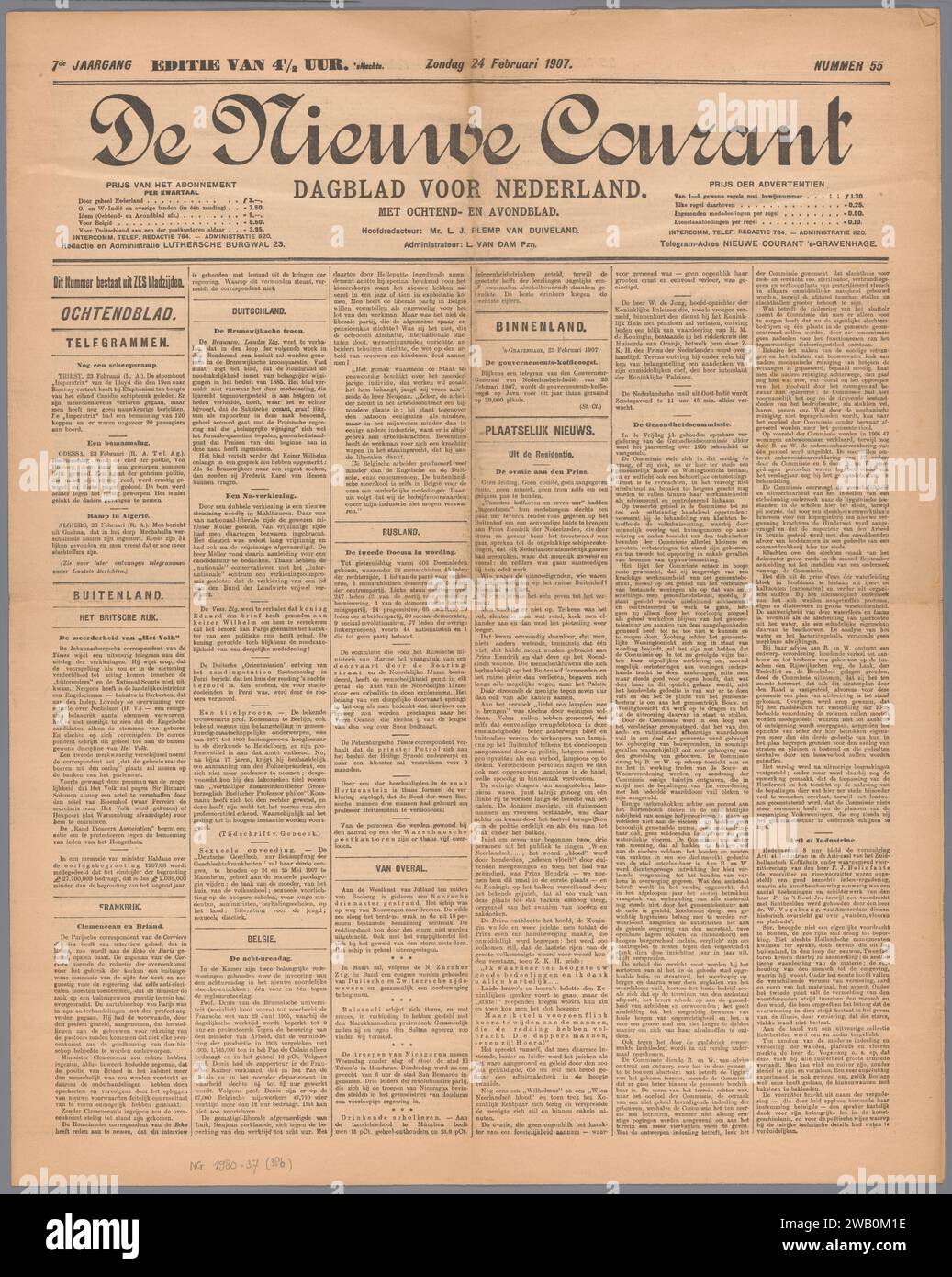 The new current; Dagblad van Nederland, De Nieuwe Dag, 1907 Newspaper, no. 55 of the 7th volume ...