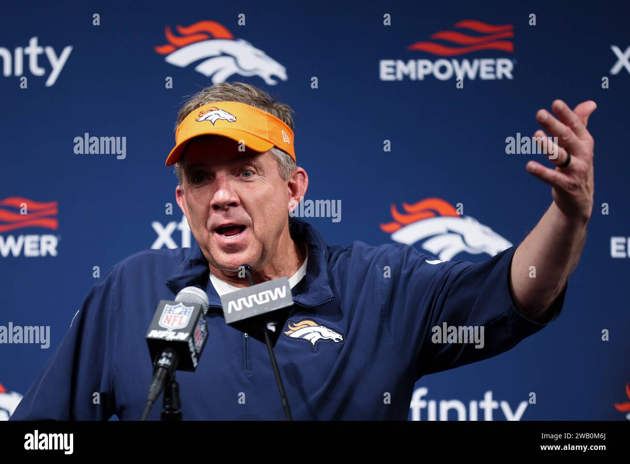 Denver Broncos head coach Sean Payton talks to reporters following an ...
