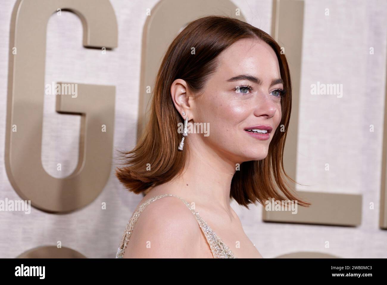 Emma Stone arrives at the 81st Golden Globe Awards on Sunday, Jan. 7 ...