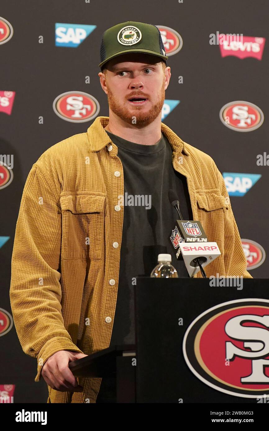 San Francisco 49ers quarterback Sam Darnold speaks at a news conference ...