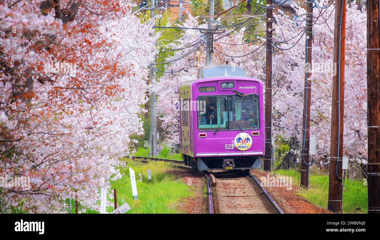 Kyoto, Japan - March 31 2023: Keifuku Tram is operated by Keifuku ...
