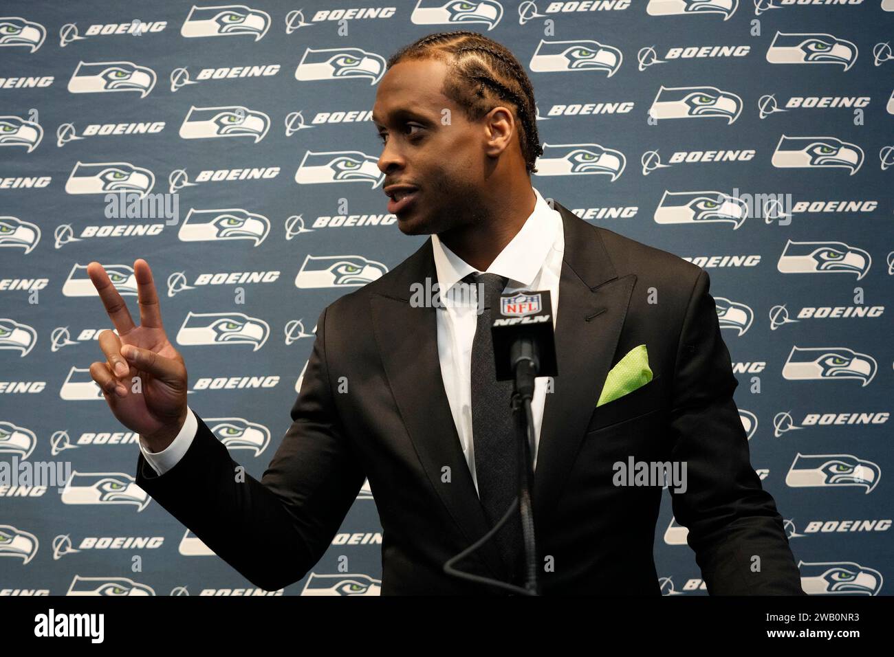 Seattle Seahawks quarterback Geno Smith answers a question during a ...