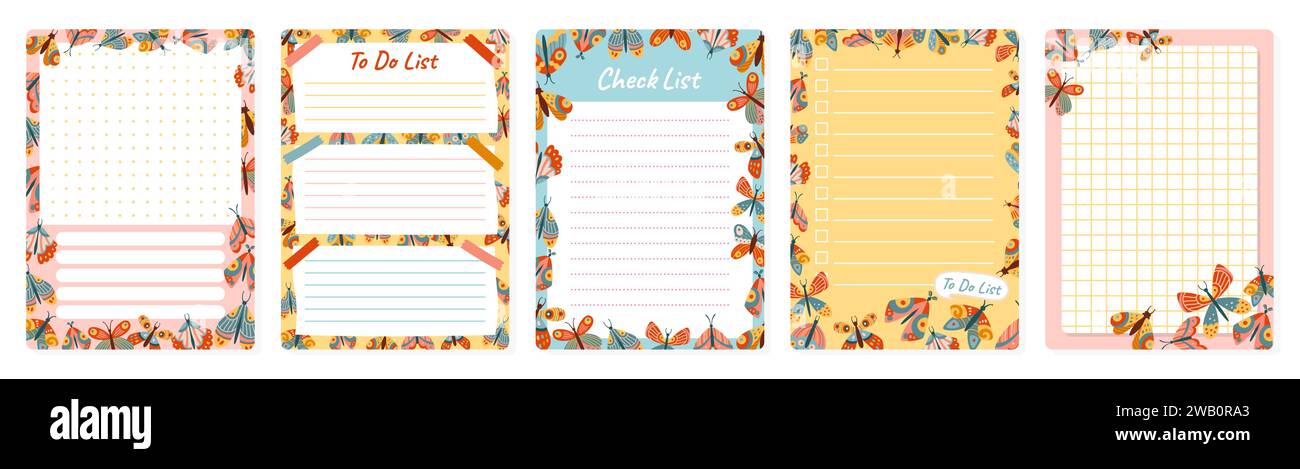 Notepaper lined or grid Notepad set with butterfly moth design. Weekly ...