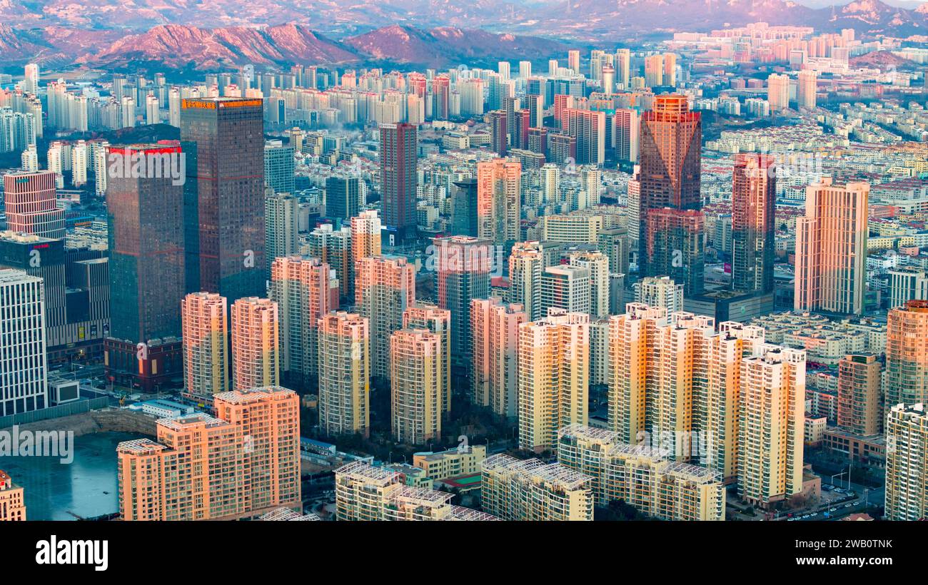 QINGDAO, CHINA - JANUARY 7, 2024 - Skyscraper buildings are seen in the ...