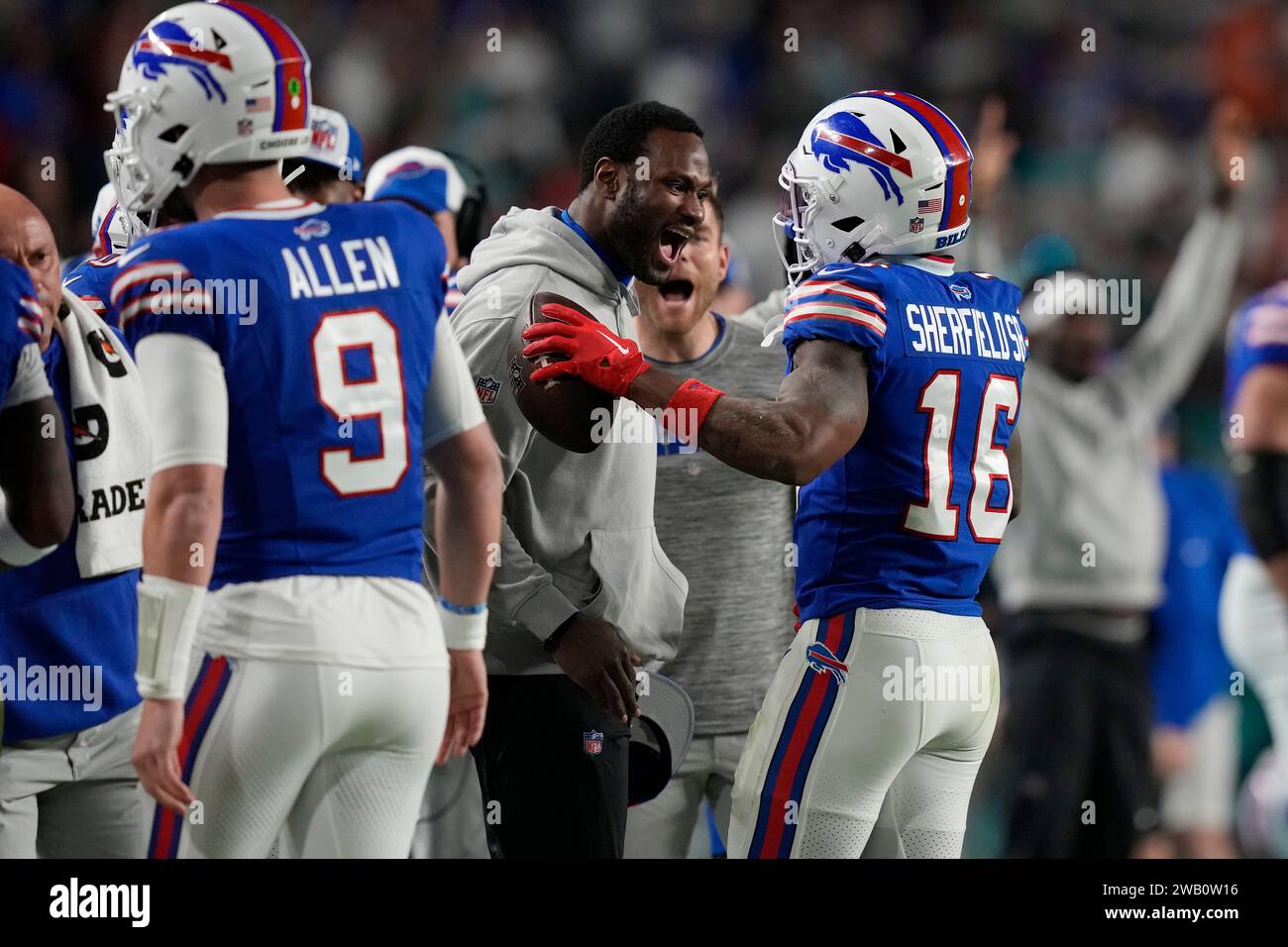 Buffalo Bills wide receiver Trent Sherfield (16) is congratulated after ...