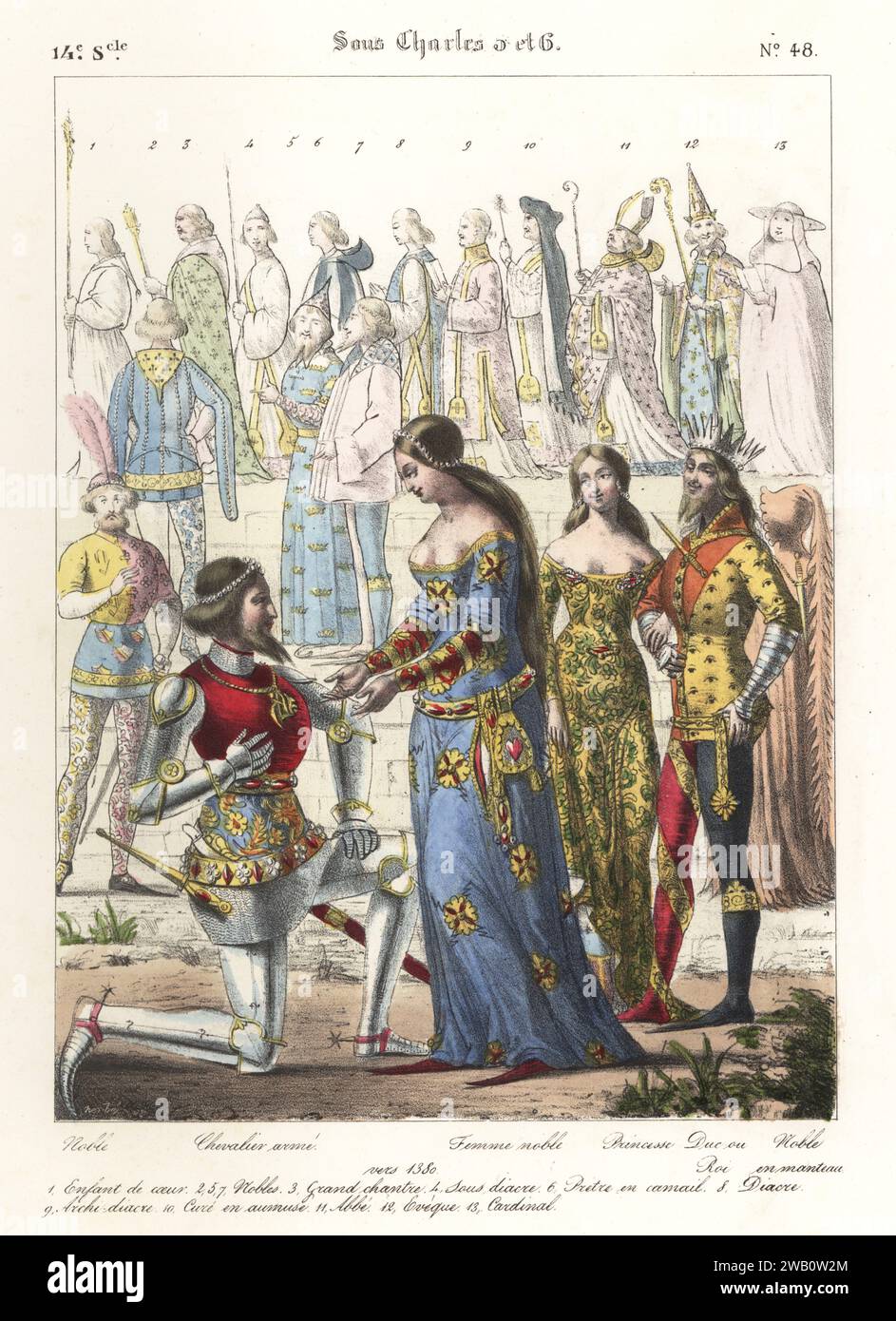 A knight in suit of plate armour kneeling before a noblewoman in an ...
