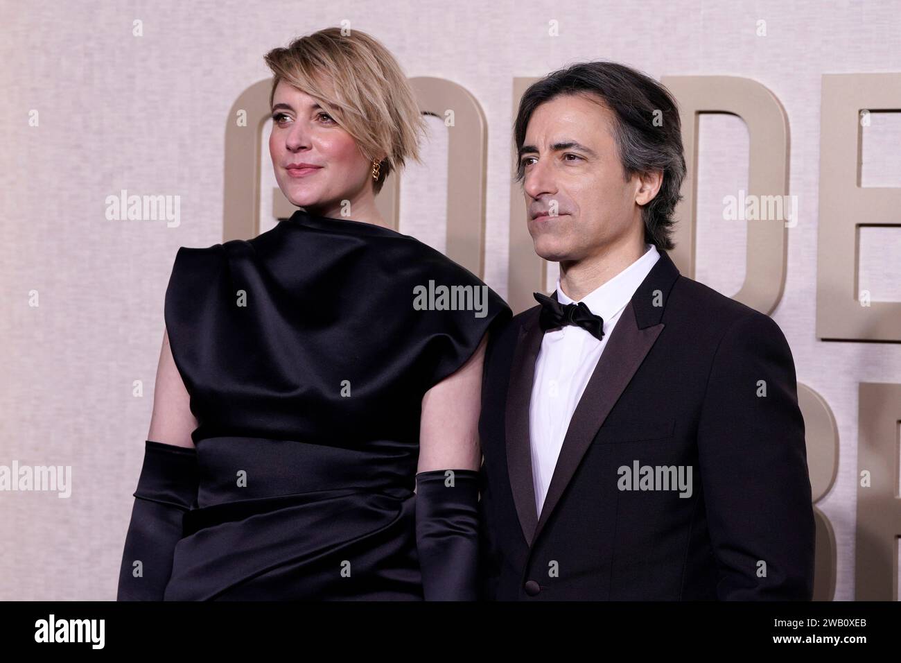 Gerta Gerwig, left, and Noah Baumbach arrive at the 81st Golden Globe ...