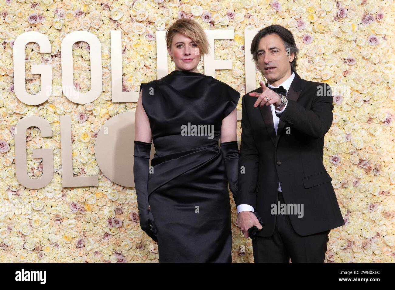 Gerta Gerwig, left, and Noah Baumbach arrive at the 81st Golden Globe ...