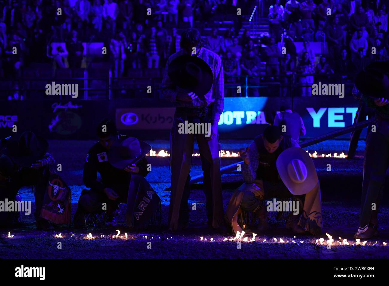 New York, USA. 07th Jan, 2024. Professional bull riders take their hats ...