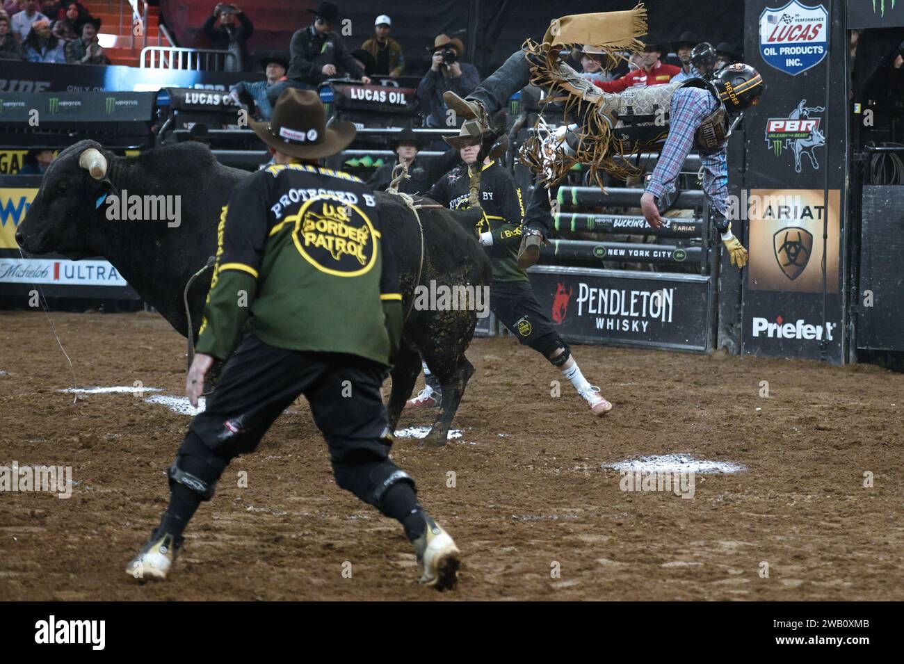 New York, USA. 07th Jan, 2024. Professional bull rider Brady Fielder is ...