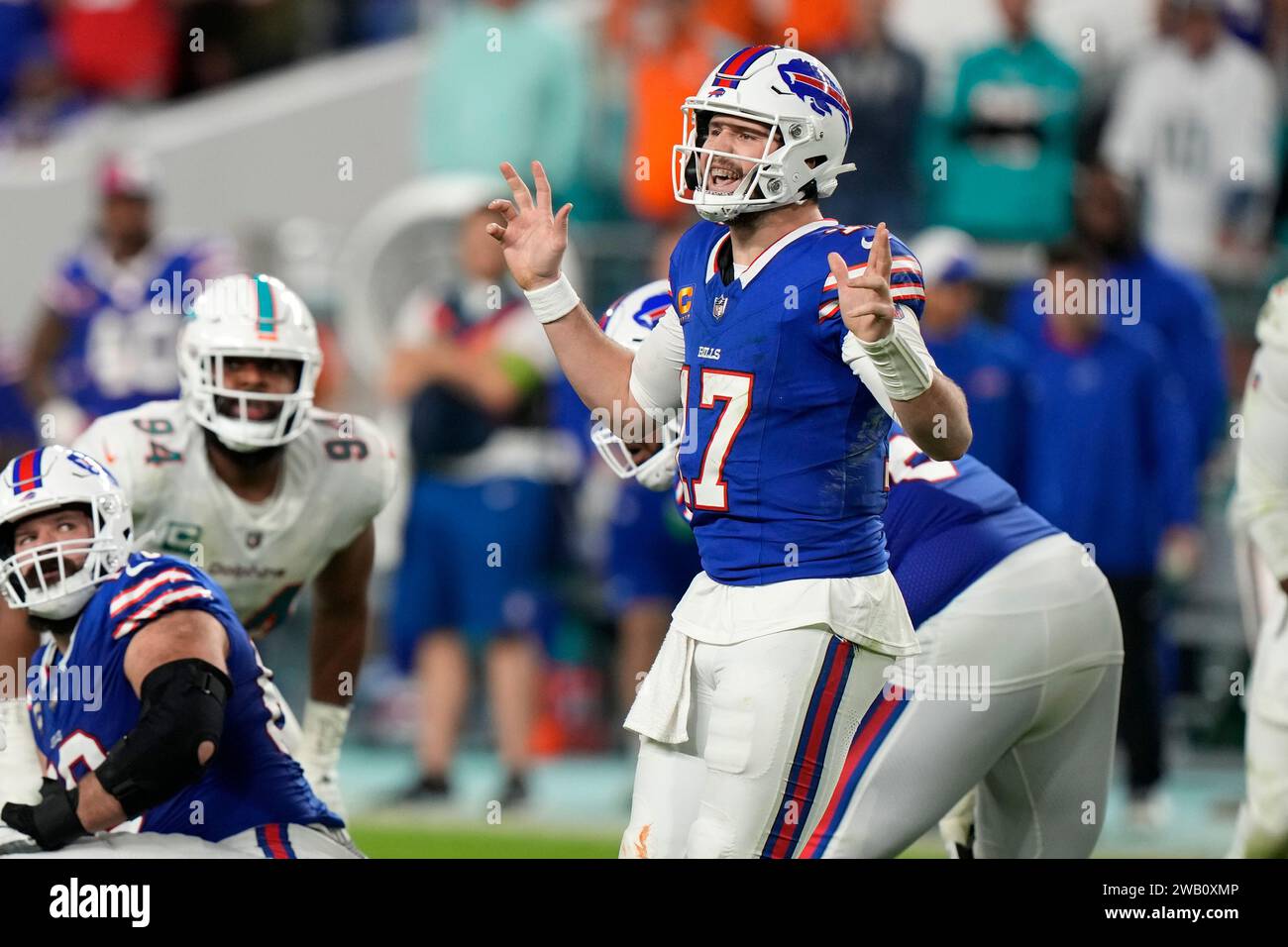 Buffalo Bills quarterback Josh Allen (17) gestures during the first ...
