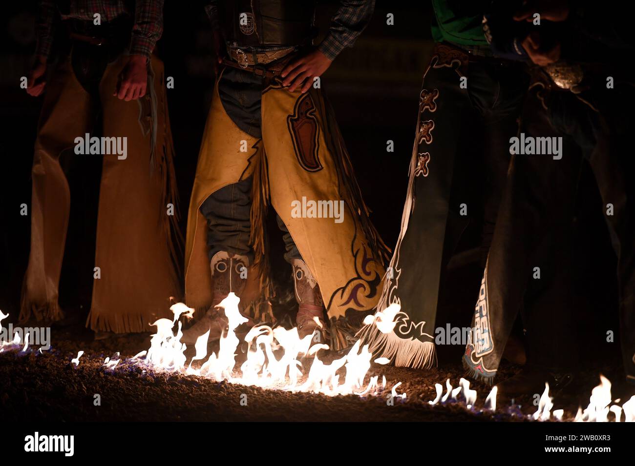 New York, USA. 07th Jan, 2024. Professional bull riders stand in line ...