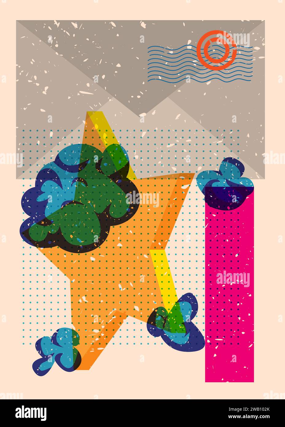 Risograph Mail letter envelope with geometric shapes. Newsletter in ...