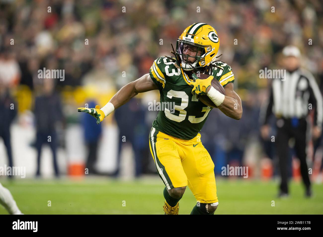 Green Bay, WI, USA. 7th Jan, 2024. Green Bay Packers running back Aaron ...