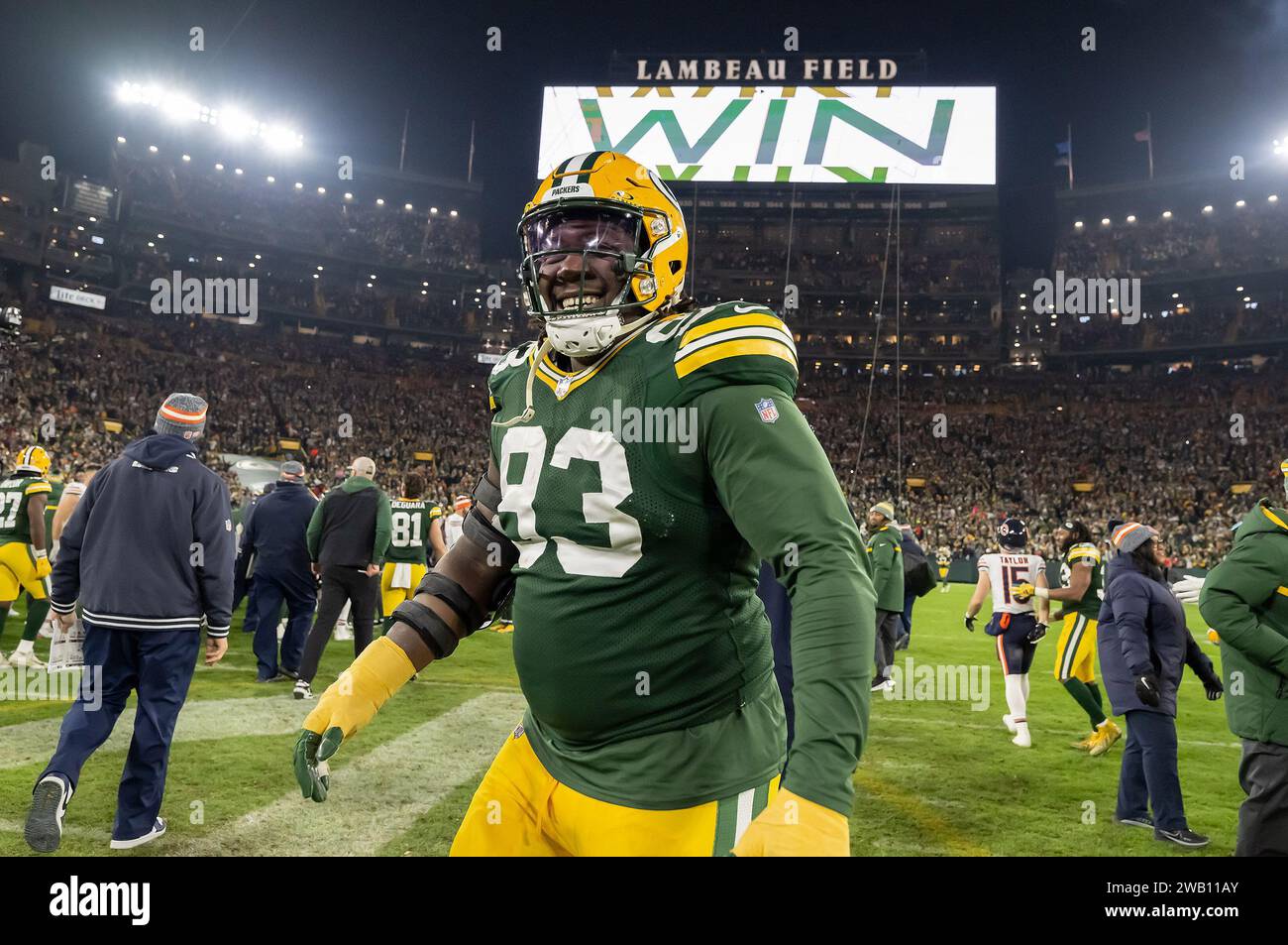 January 7, 2024: Green Bay Packers defensive tackle T.J. Slaton (93) smiles after the Green Bay ...