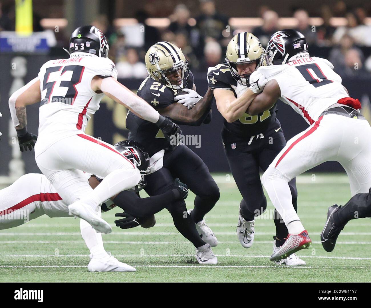 New Orleans, USA. 07th Jan, 2024. Both Atlanta Falcons linebacker Andre ...