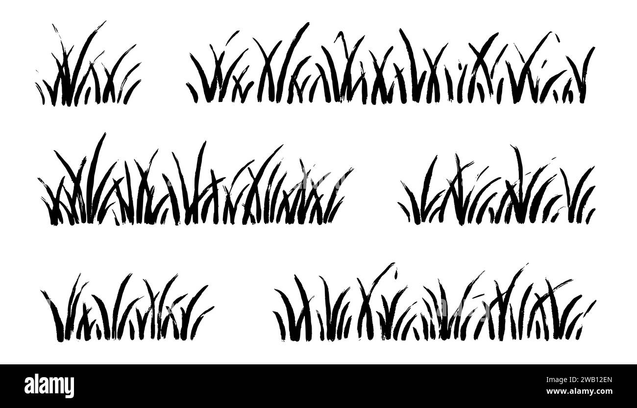 Grass doodle ink brush sketch set. Hand drawn vector grass field grunge ...