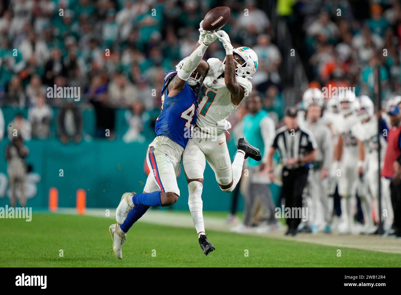 Buffalo Bills cornerback Christian Benford (47) defends Miami Dolphins ...