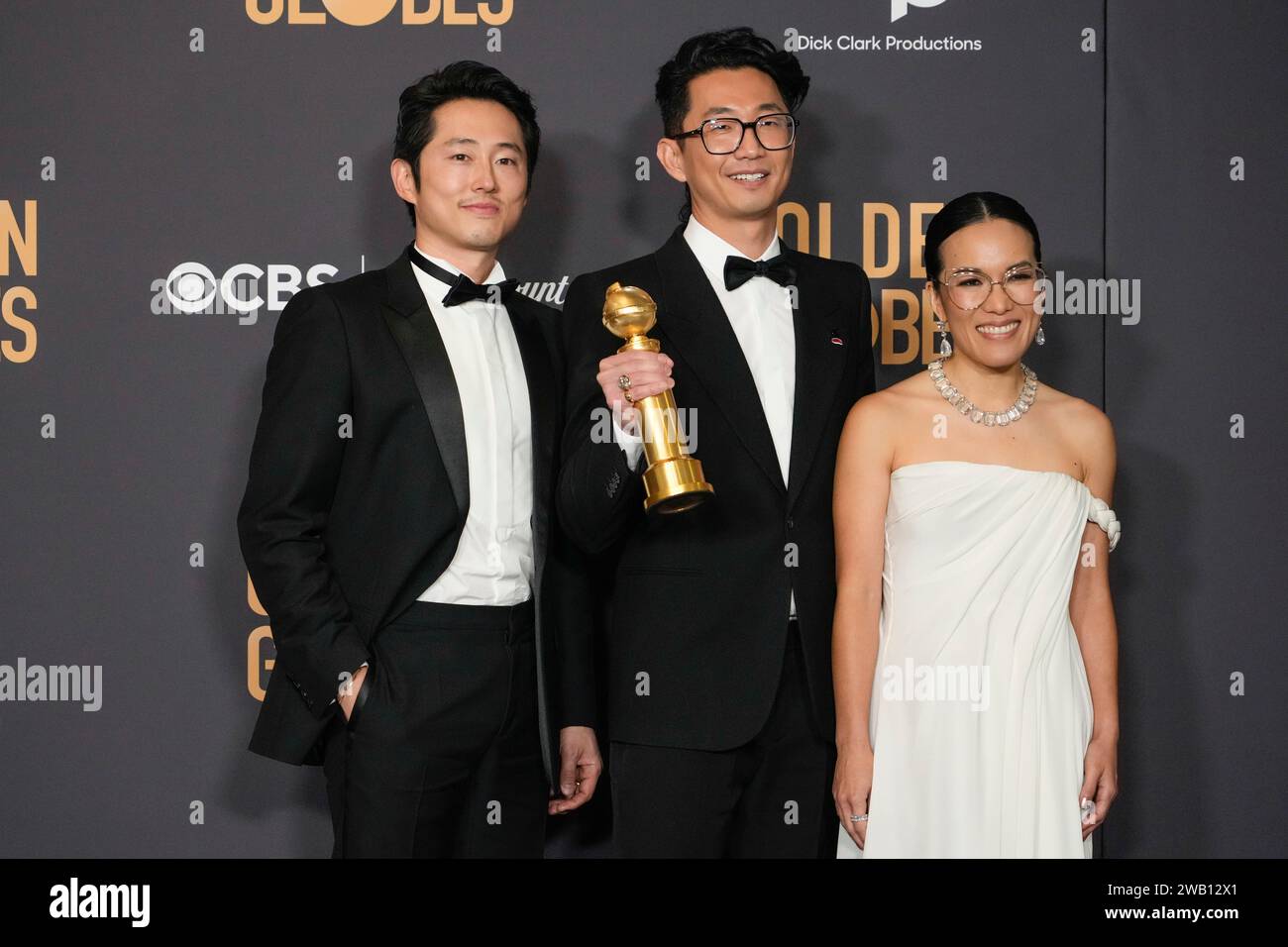 Steve Yeun, from left, Lee Sung Jin, and Ali Wong pose in the press ...