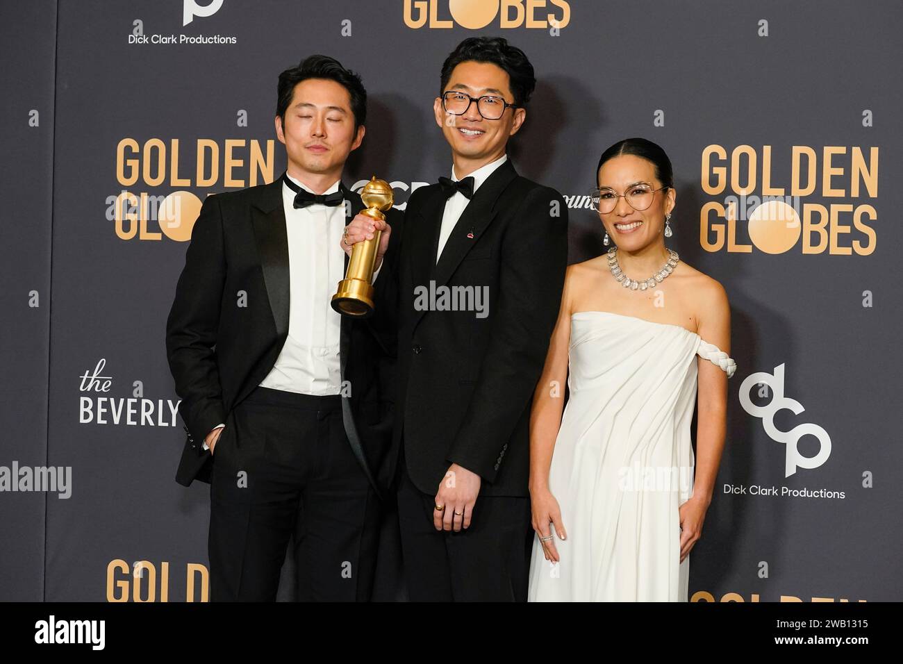 Steve Yeun, from left, Lee Sung Jin, and Ali Wong pose in the press ...