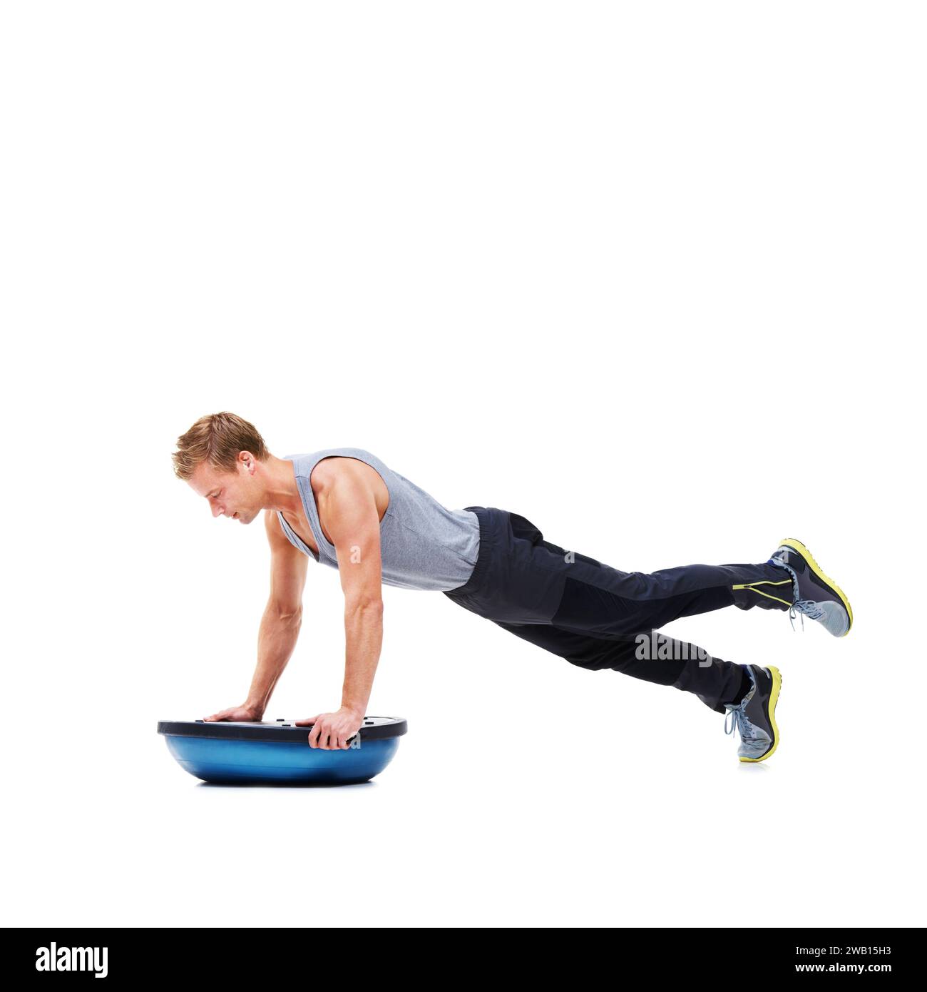 Man, body and push ups on bosu ball for fitness, exercise or workout on ...