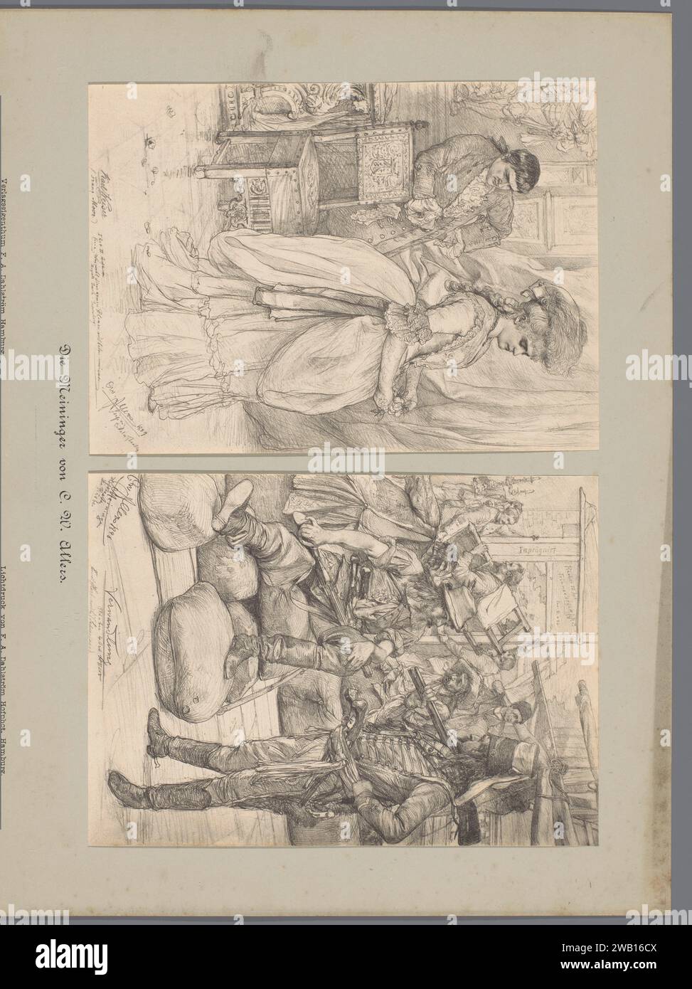 Two photo productions of drawings, representing two actors in costumes ...
