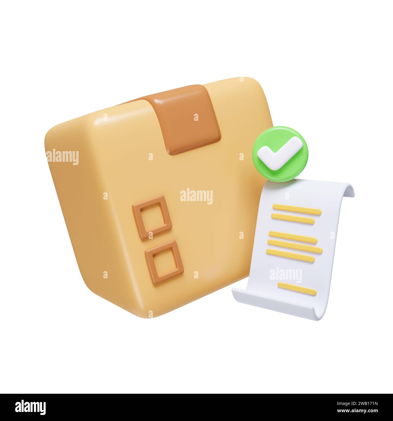 Delivery package check mark and receipt. Shipping box and cardboard box ...