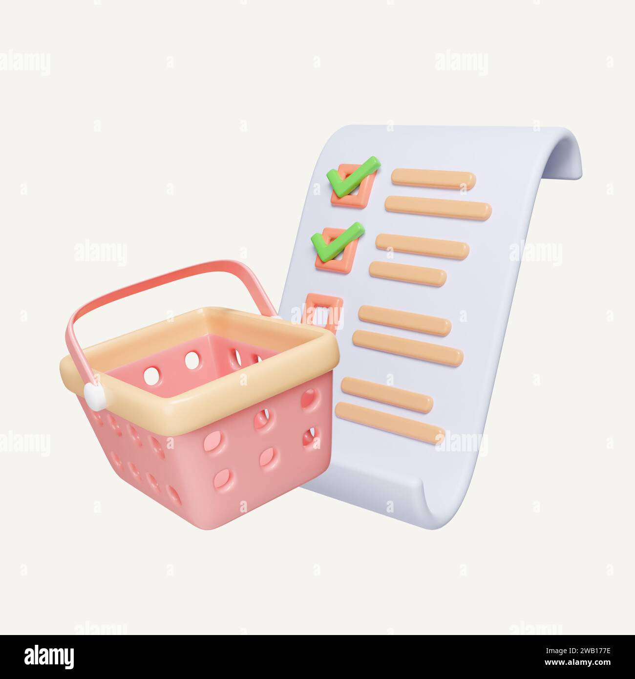 Shopping list with correct mark and shopping basket. Order checklist ...