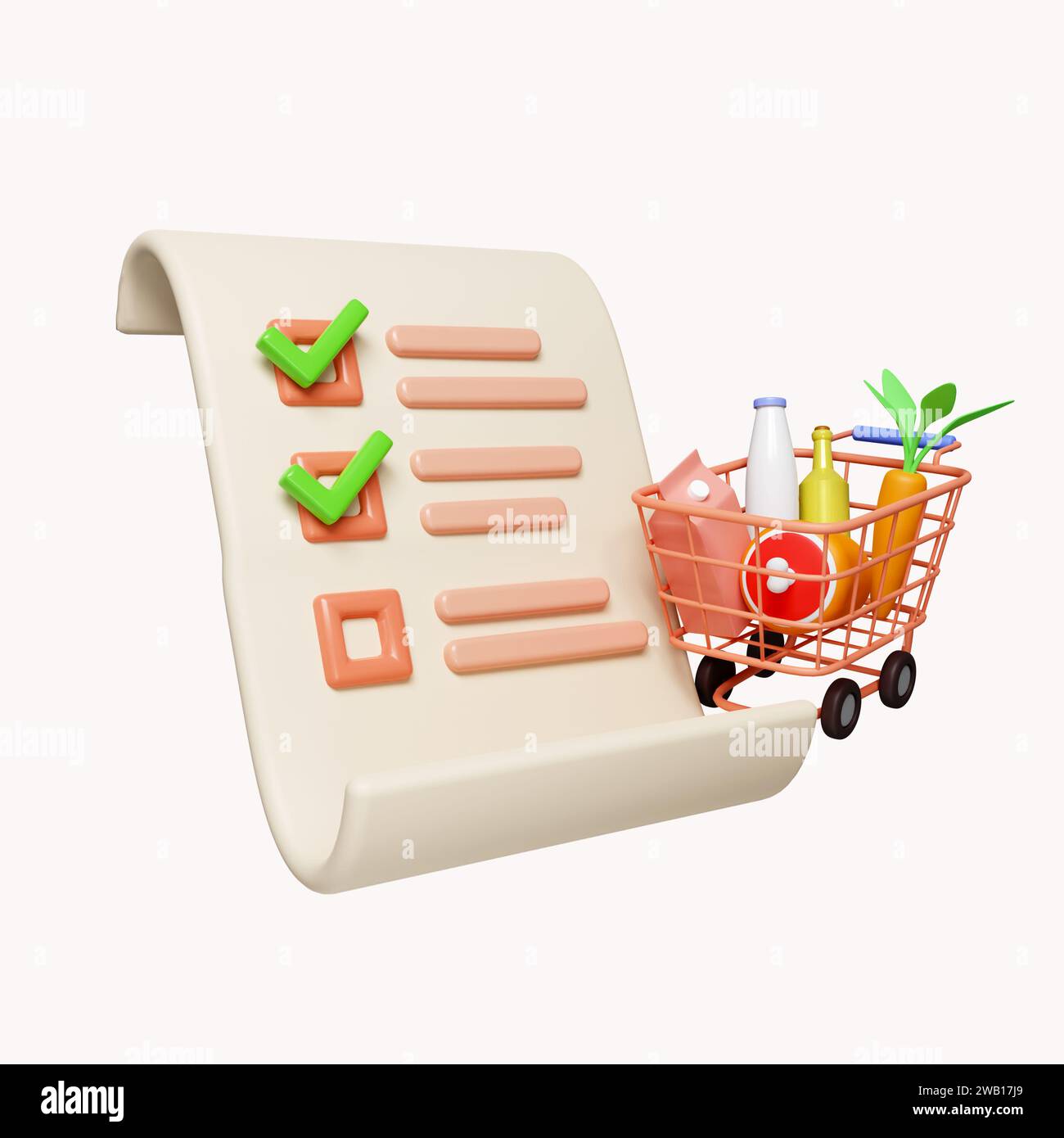 3d Shopping list with correct mark and shopping shopping cart. Order ...