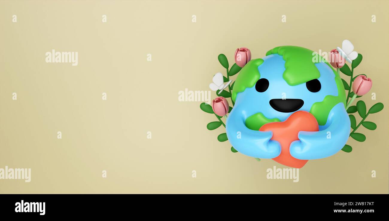 3d planet hug heart with flower and butterfly on yellow background ...