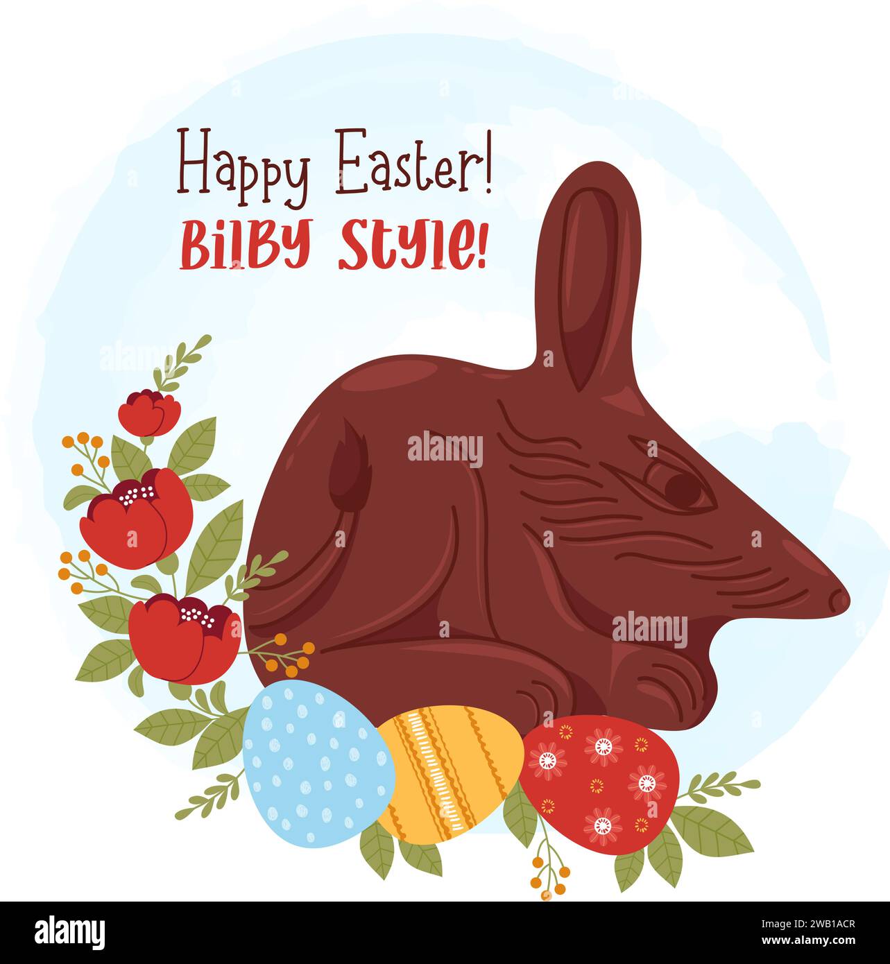 Cute chocolate bilby with Easter eggs and flowers and greeting. Vector ...