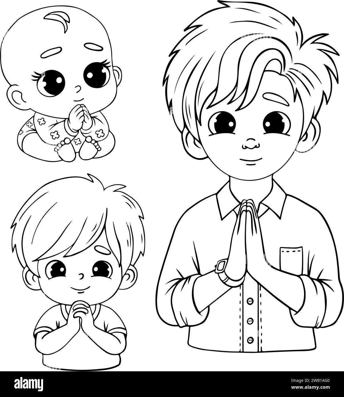 Cute praying boys. Little infant, baby boy and teenager guy with folded ...