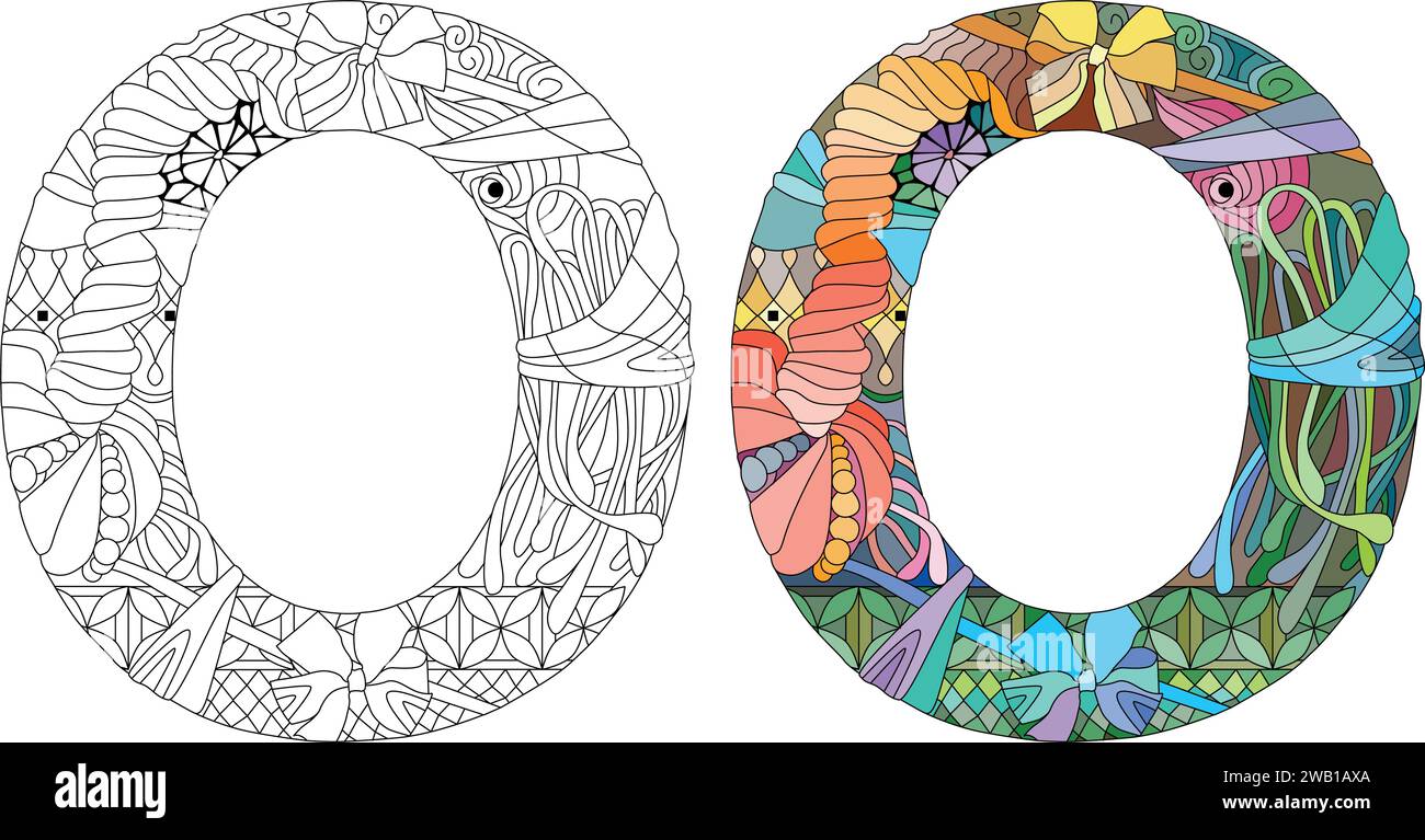 Zentangle stylized alphabet - letter O for coloring. Color and outline ...