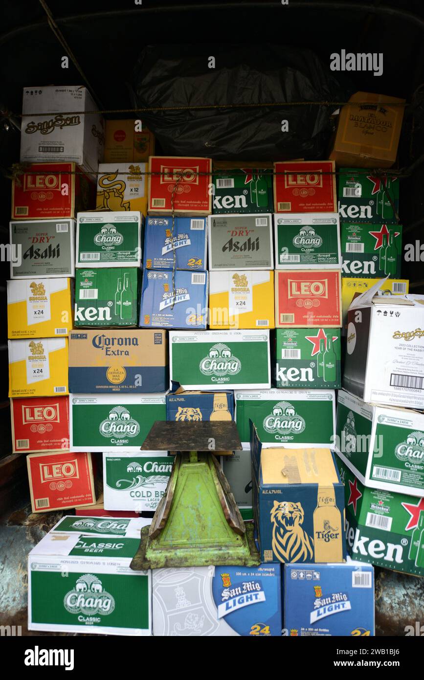 Carton boxes of beer in the back of a truck. Bangkok, Thailand Stock ...