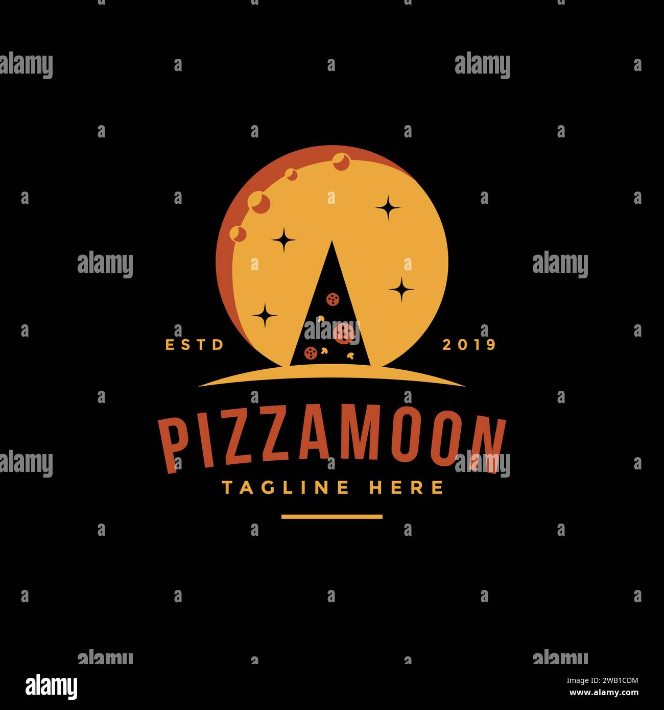 Vintage retro moon and pizza logo icon vector template on black ...