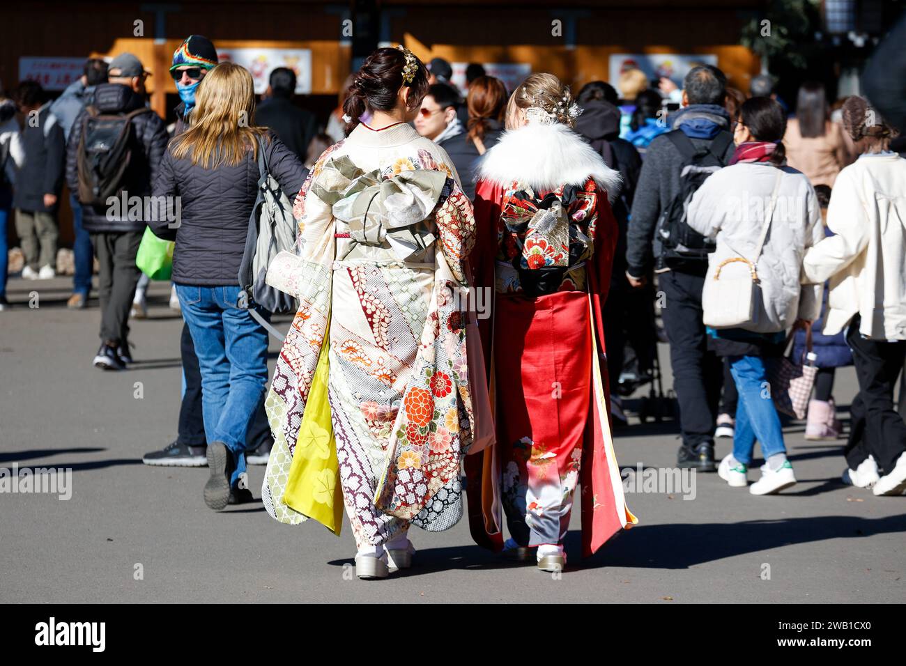 Tokyo, Japan. 8th Jan, 2024. Japanese girls dressed in colorful kimonos ...