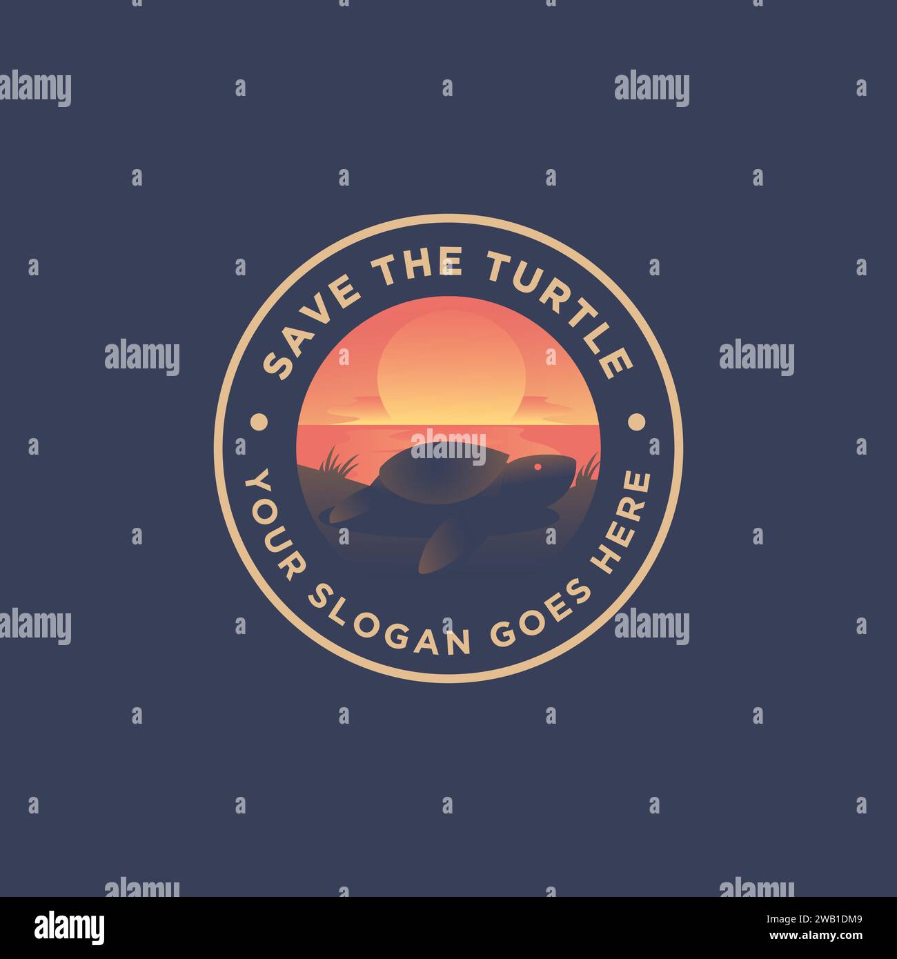 Scenery logo of turtle, sunset and sea landscape, circle modern badge ...