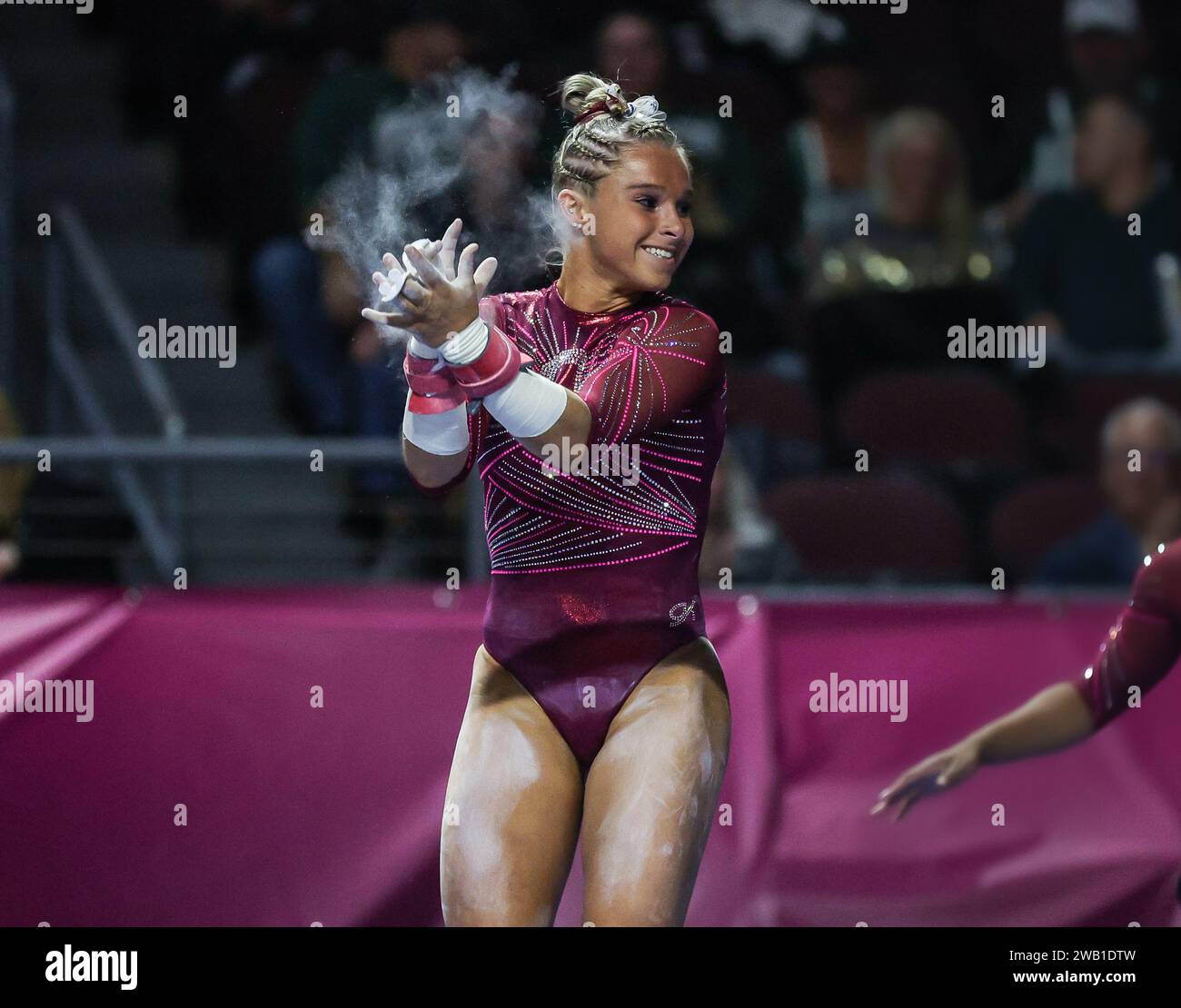 January 5, 2024: Oklahoma's Ragan Smith celebrates after he bar routine ...