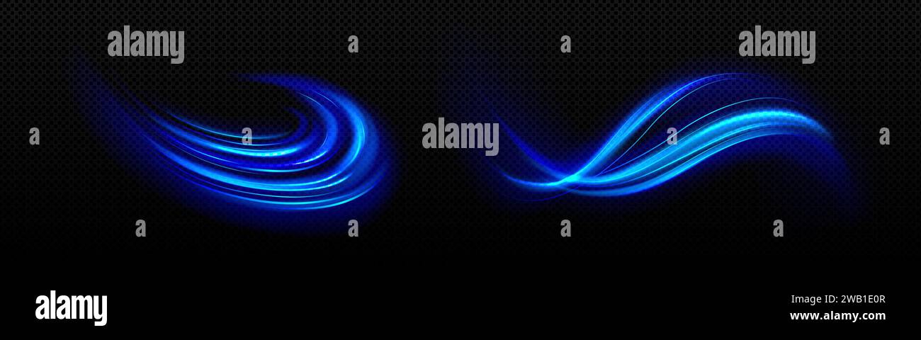 Blue light waved neon elements with swoosh effect. Realistic vector illustration set of magic ...
