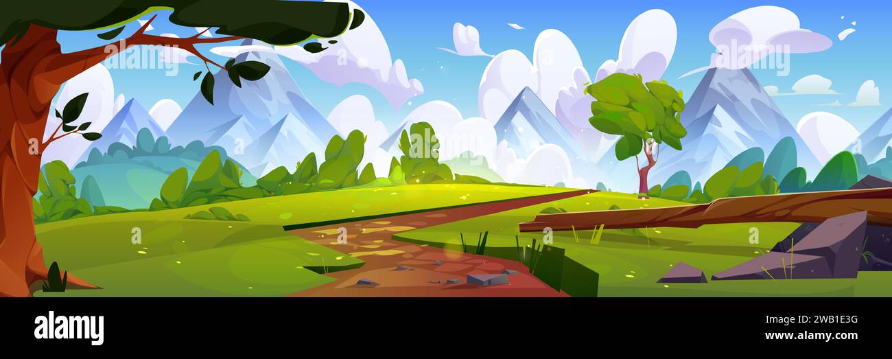 Winding path in meadows with green grass, trees and bushes leading to ...