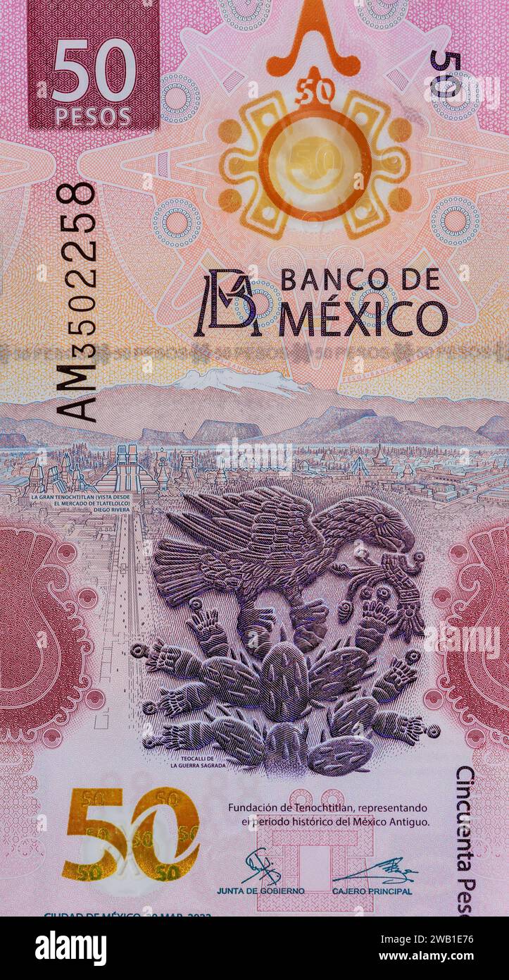 Denominations Mexico banknotes fifty pesos national a money front view ...