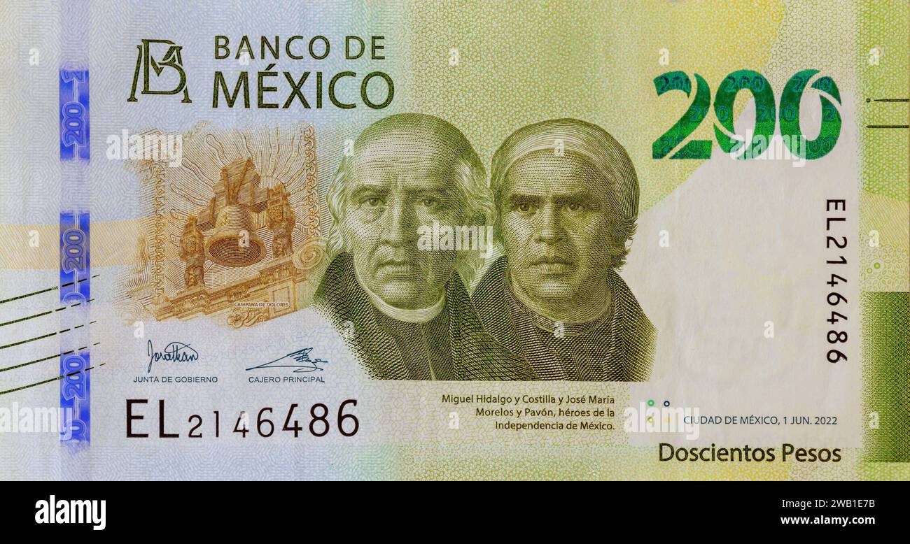 Mexican money bills currency Mexico 200 pesos banknote front view close ...