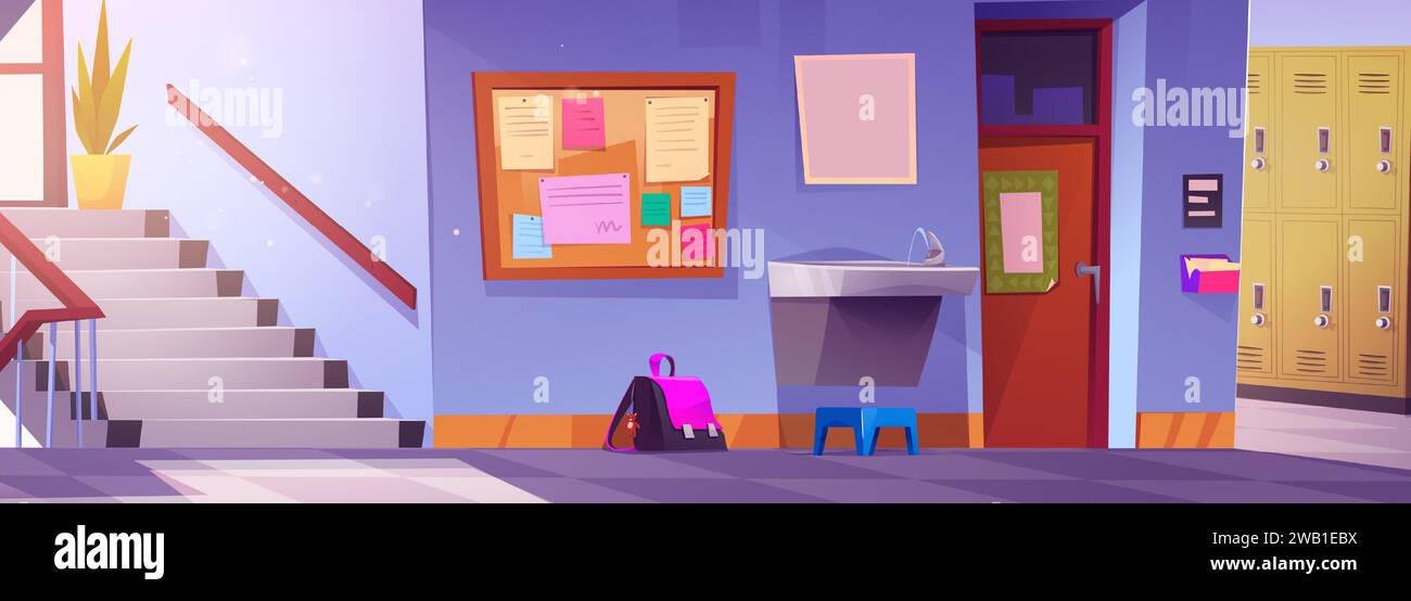 Empty school hallway with stairs and doors, lockers and backpack on ...