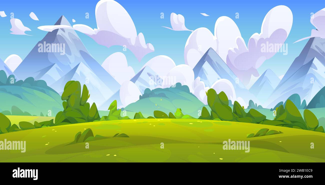 Summer natural landscape with green grass, bushes and trees on meadow ...