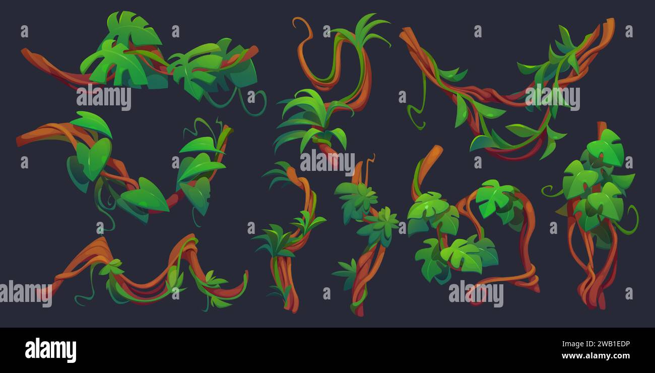 Liana branch with green leaf set isolated on black background. Vector cartoon illustration of ...