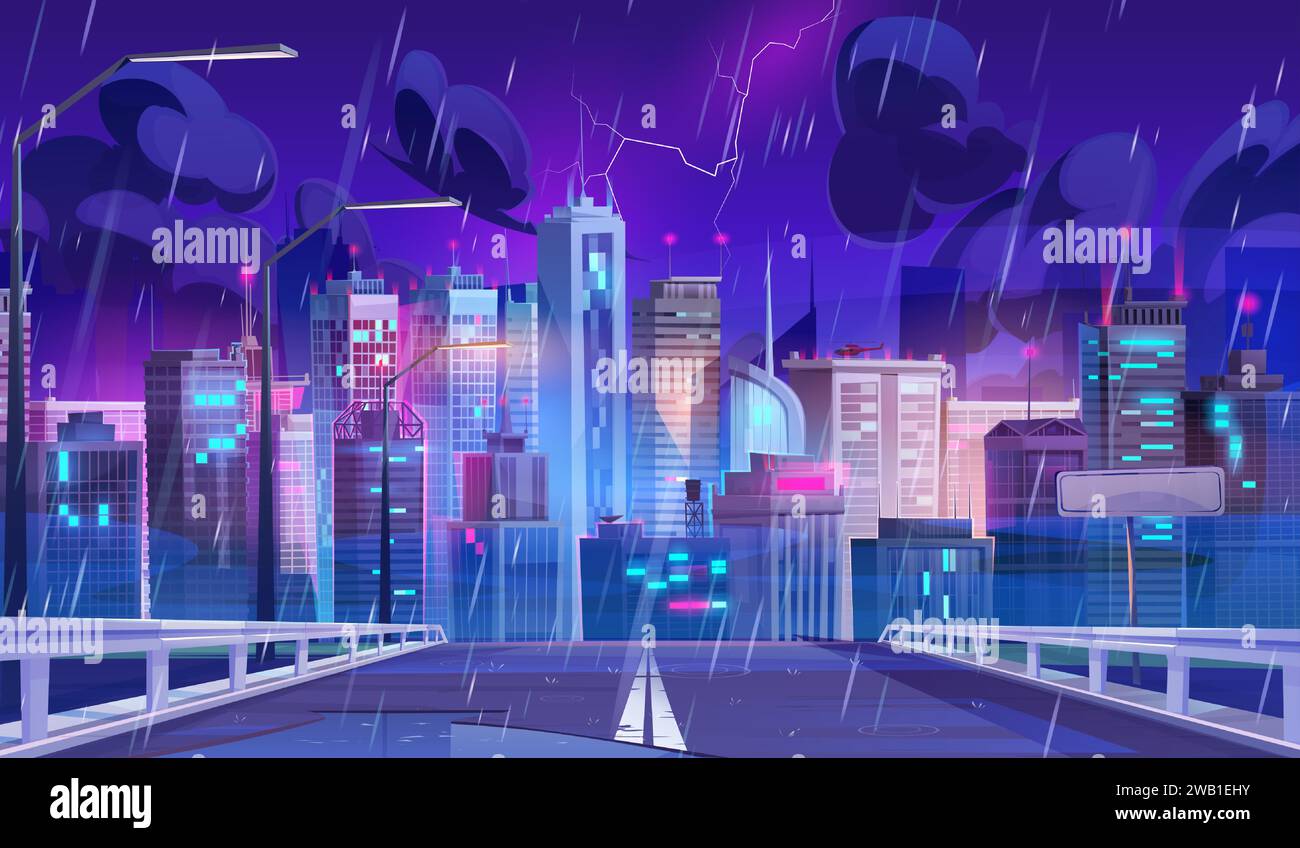 Road leads to futuristic night city with multistorey buildings and ...