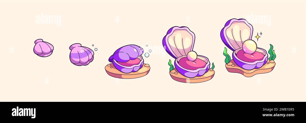Sea shell with pearl growing and opening steps progress for game ui ...