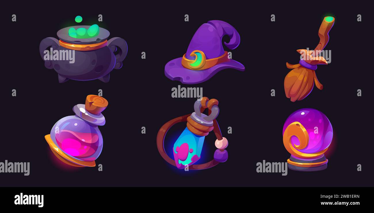 Wizard or witch game cartoon icons. Vector illustration of magic staff ...